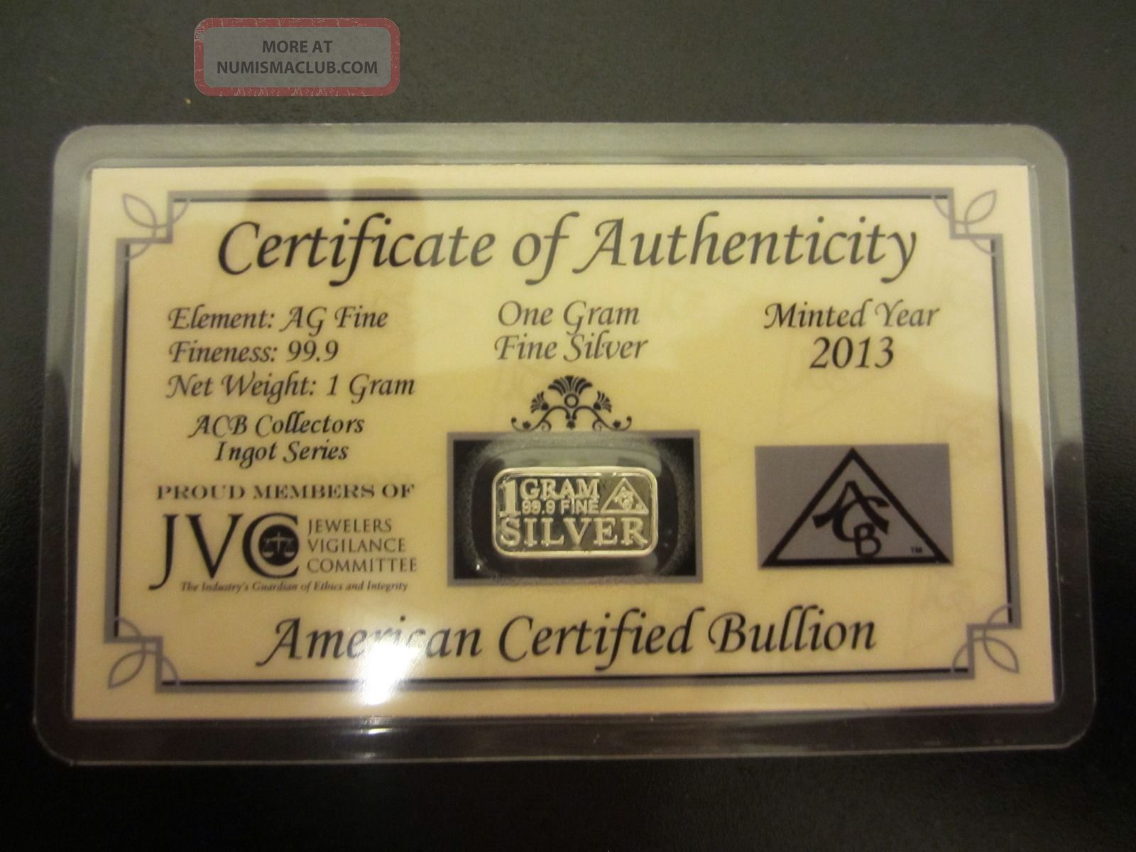 American Certified Bullion 1 Gram Pure Silver 999 Bar W Certificate Pamp