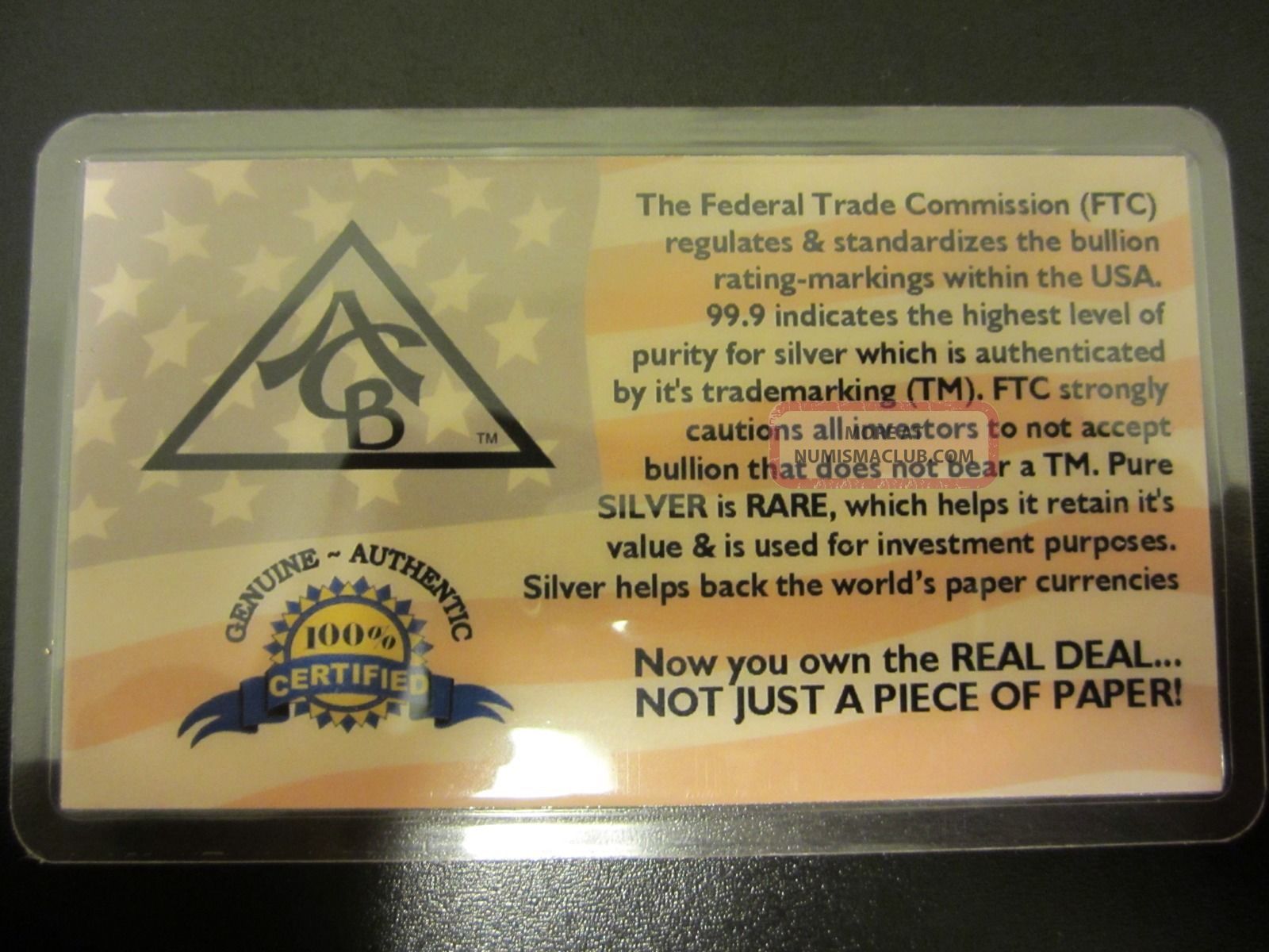 American Certified Bullion 1 Gram Pure Silver 999 Bar W Certificate Pamp