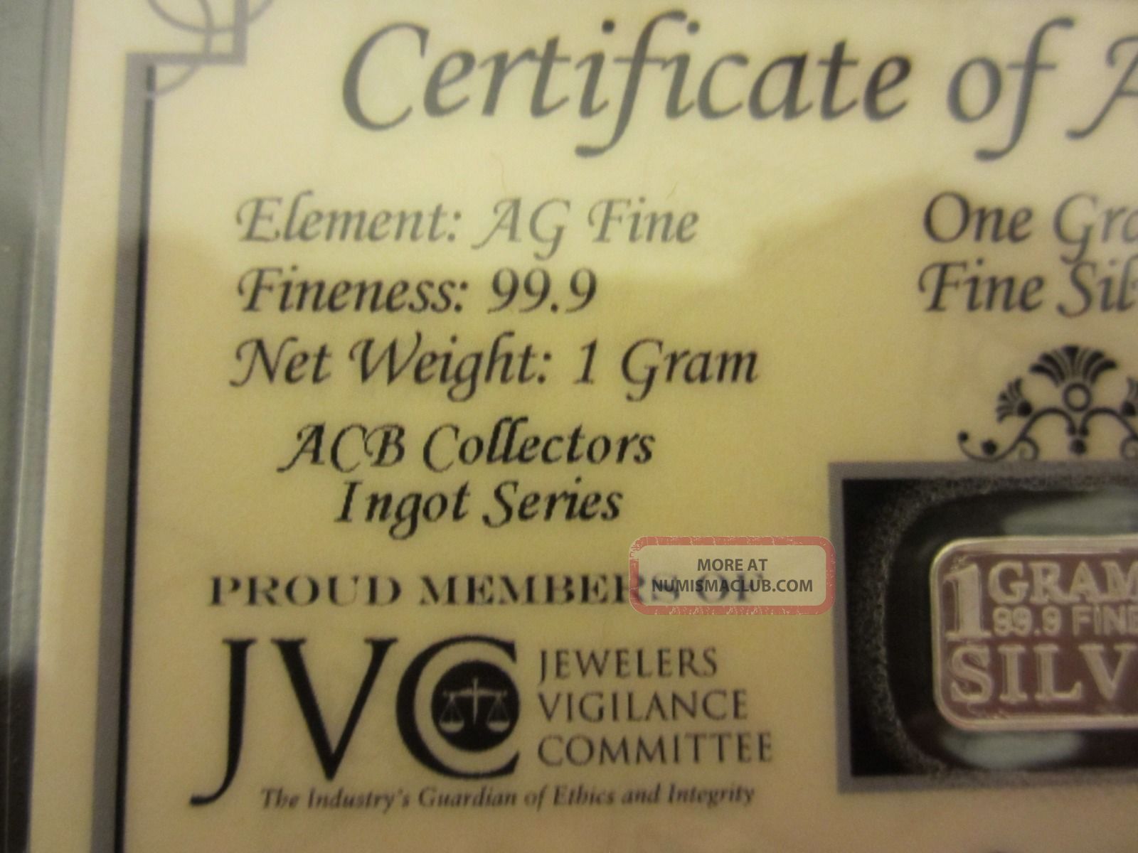 American Certified Bullion 1 Gram Pure Silver 999 Bar W Certificate Pamp