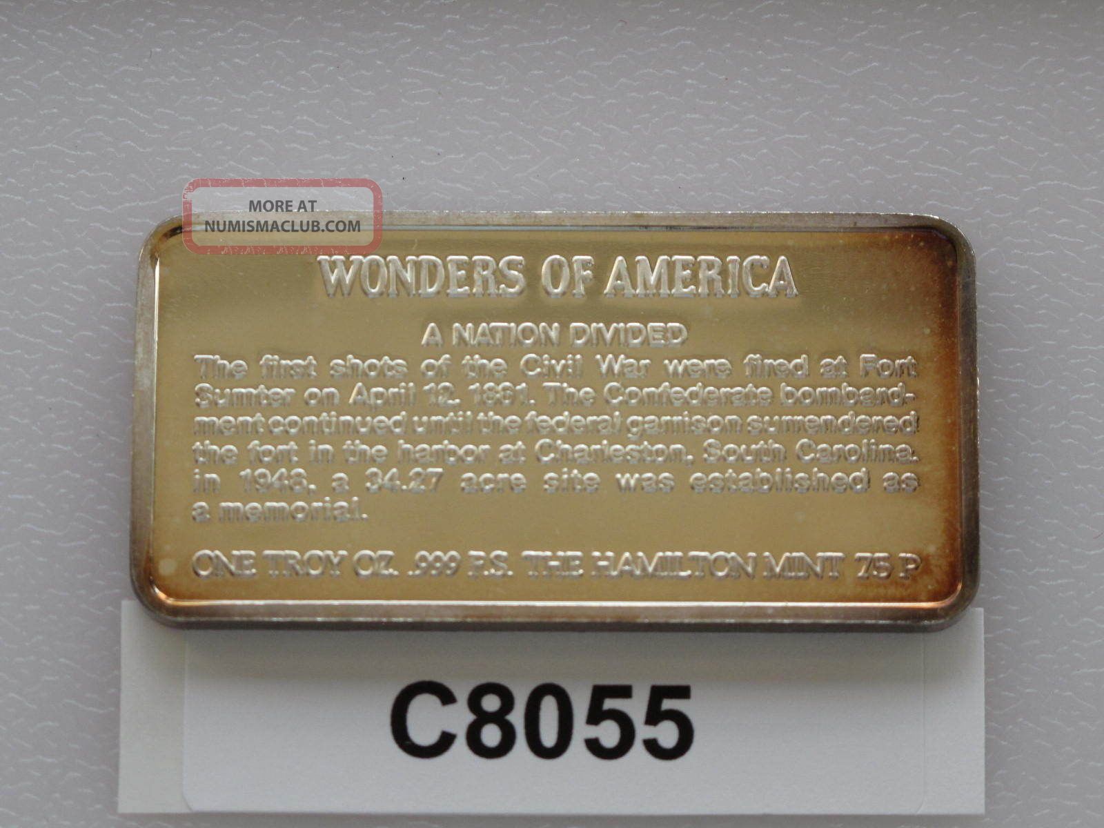 Ft. Sumter South Carolina Silver Art Bar Serial 6302 Hamilton C8055