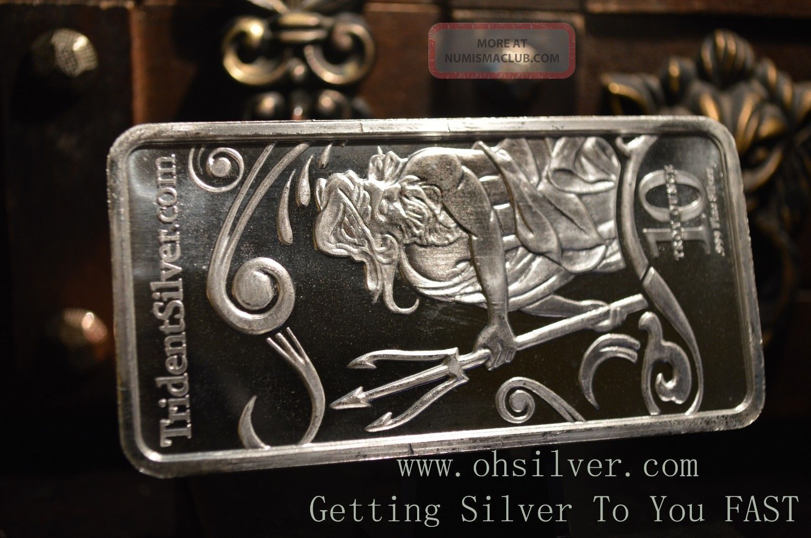 10 Oz Silver Bar Trident Silver Design +999 Fine Silver W Serial Number And
