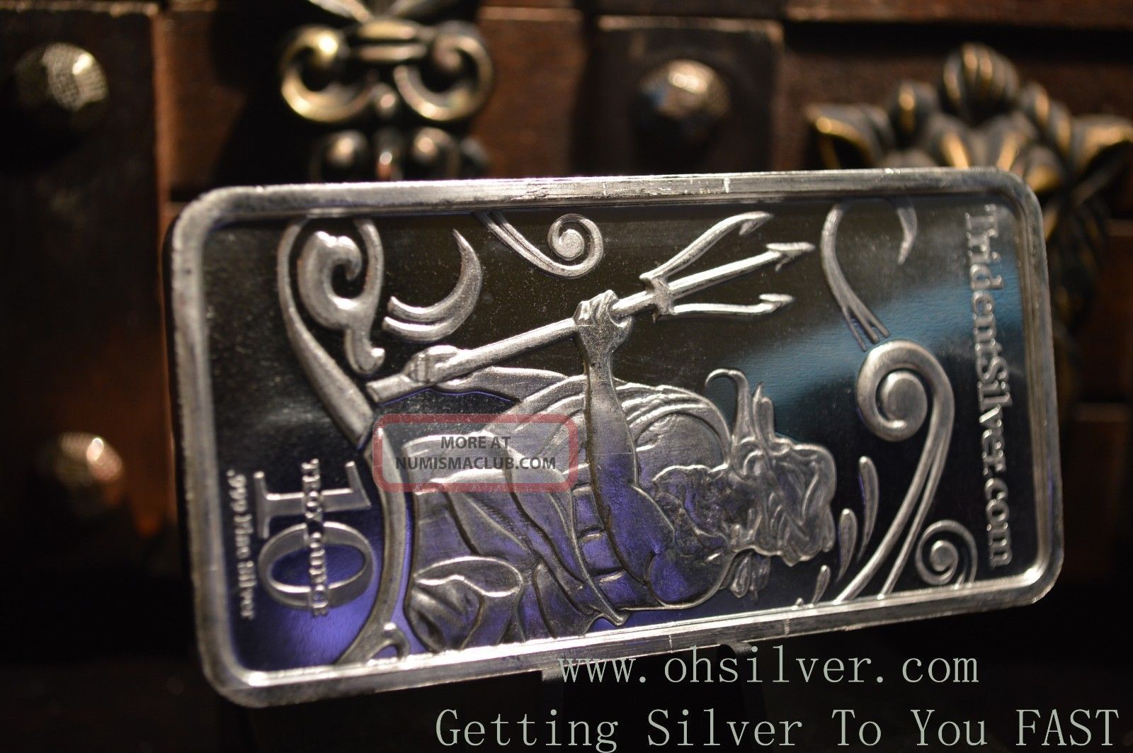 10 Oz Silver Bar Trident Silver Design +999 Fine Silver W Serial Number And