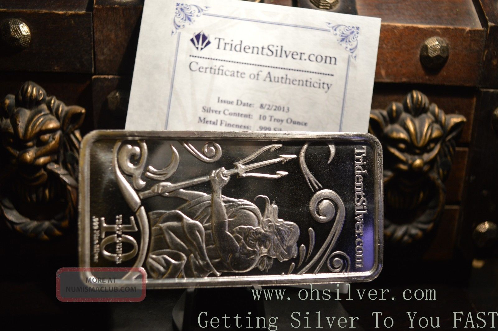 10 Oz Silver Bar Trident Silver Design +999 Fine Silver W Serial Number And