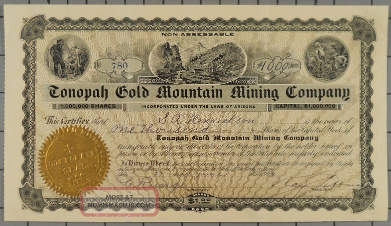1904 Tonopah Gold Mountain Mining Company Key Pittman Signed