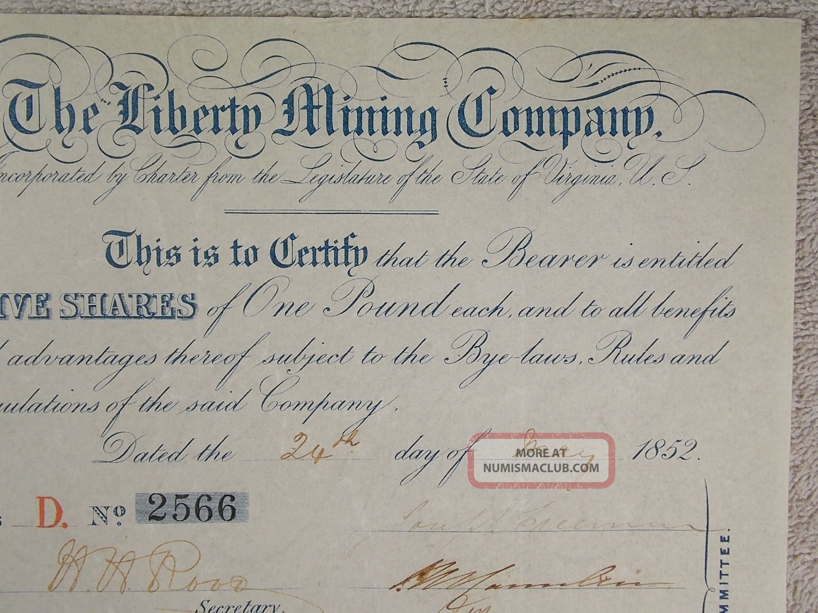 Antique 1852 The Liberty Mining Company Virginia Stock Certificate