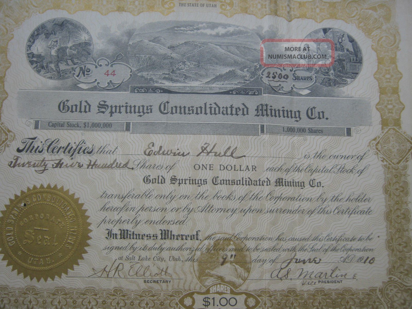 Gold Springs Consolidated Mining Co. Utah 3 Certificates 1910 Start Low