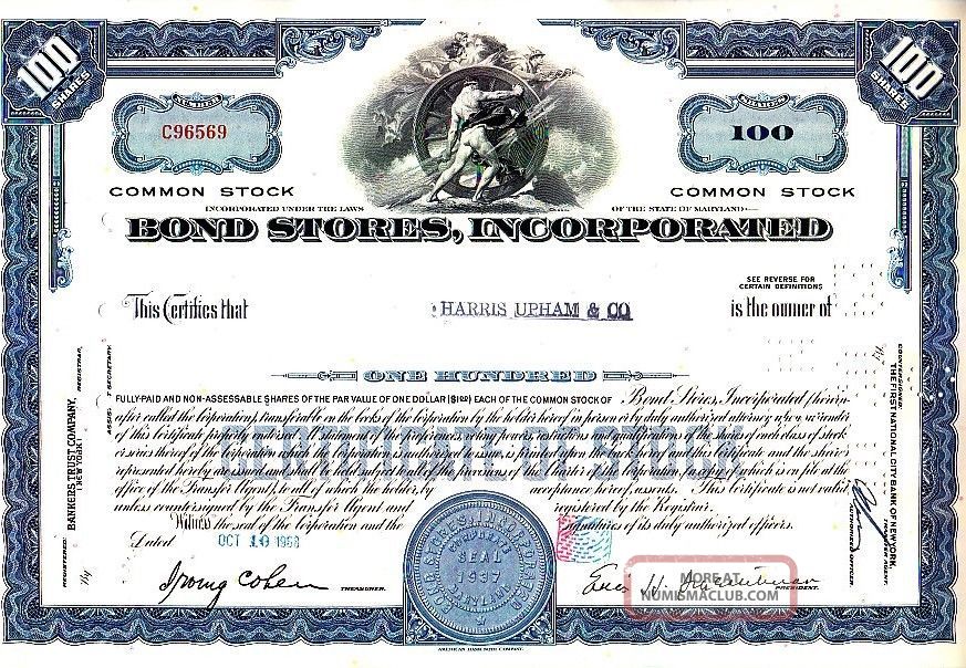 Broker Owned Stock Certificate: Harris Upham & Co, Payee; Bond Stores ...