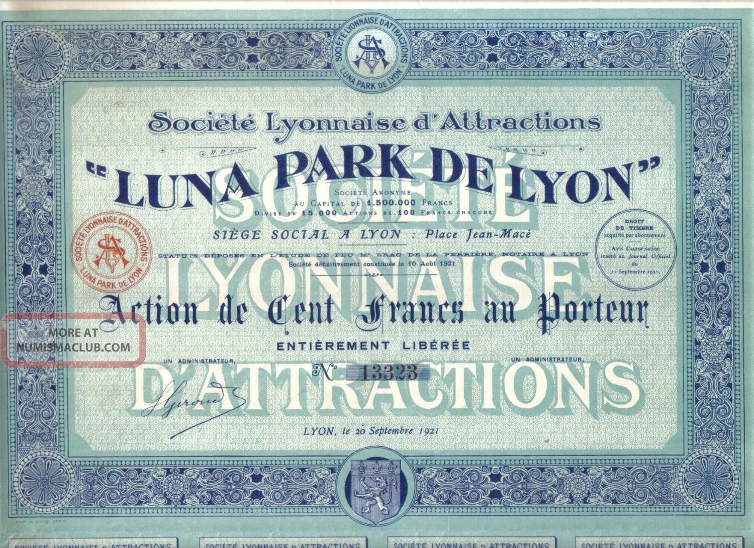 France 1921 Luna Park Lyon Attractions Company 100 Francs Uncancelled ...