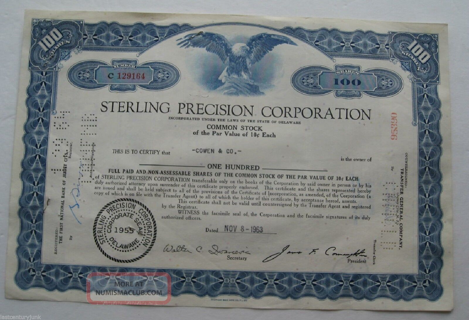 Stock Certificate For Sterling Precision Corportion 100 Shares 1963