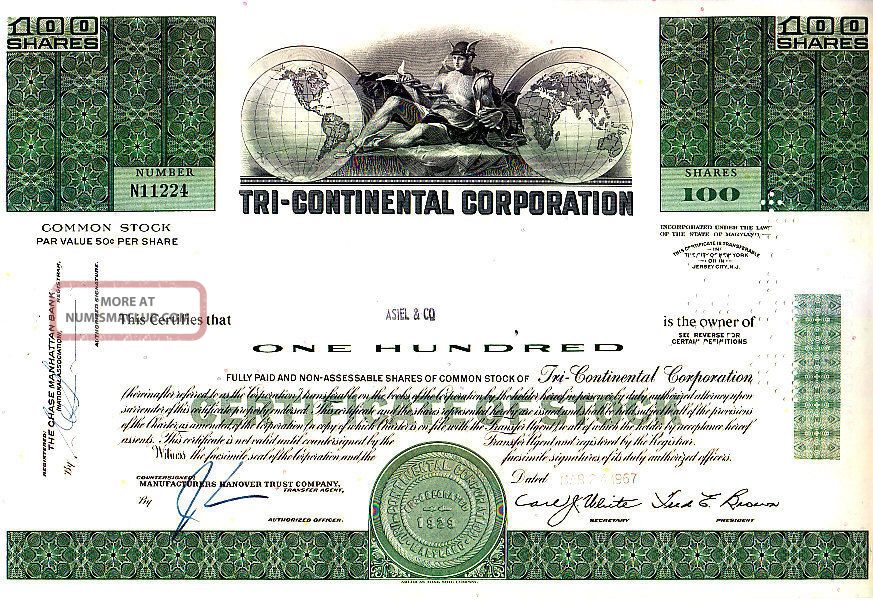 Broker Owned Stock Certificate: Asiel & Co, Payee; Tri - Continental ...