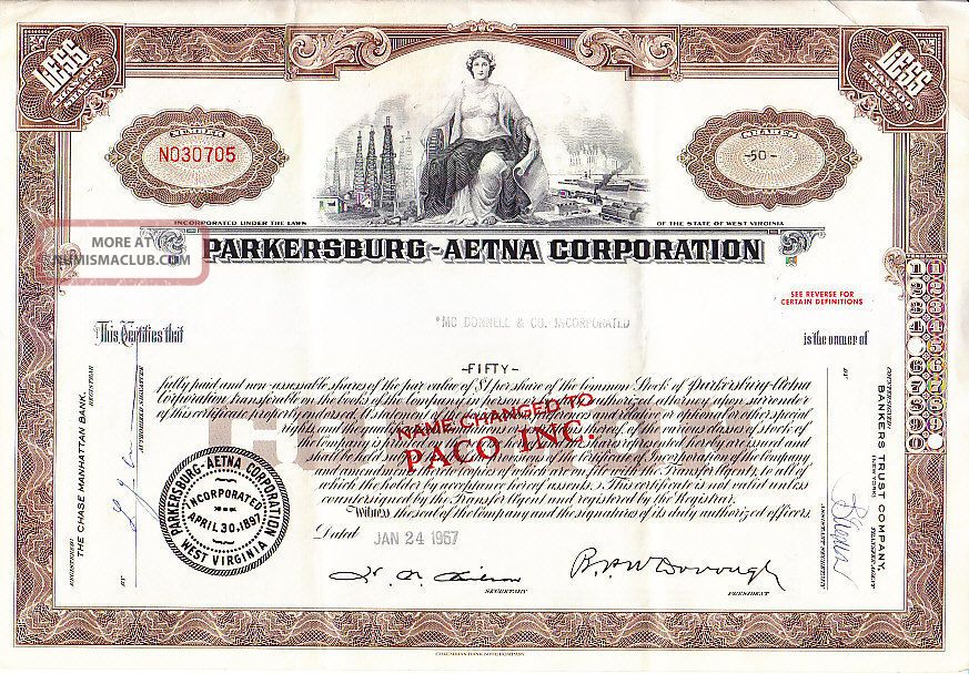 Broker Owned Stock Certificate: Mcdonnell & Co, Payee; Parkersburg ...