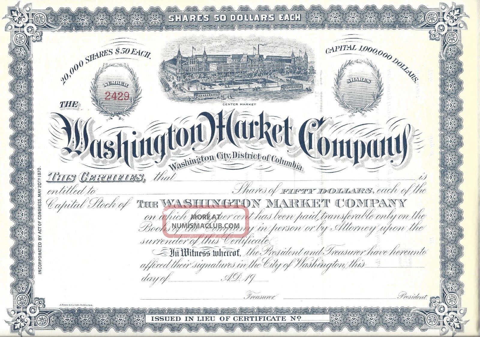 Washington Market Company. . . . . Unissued Stock Certificate