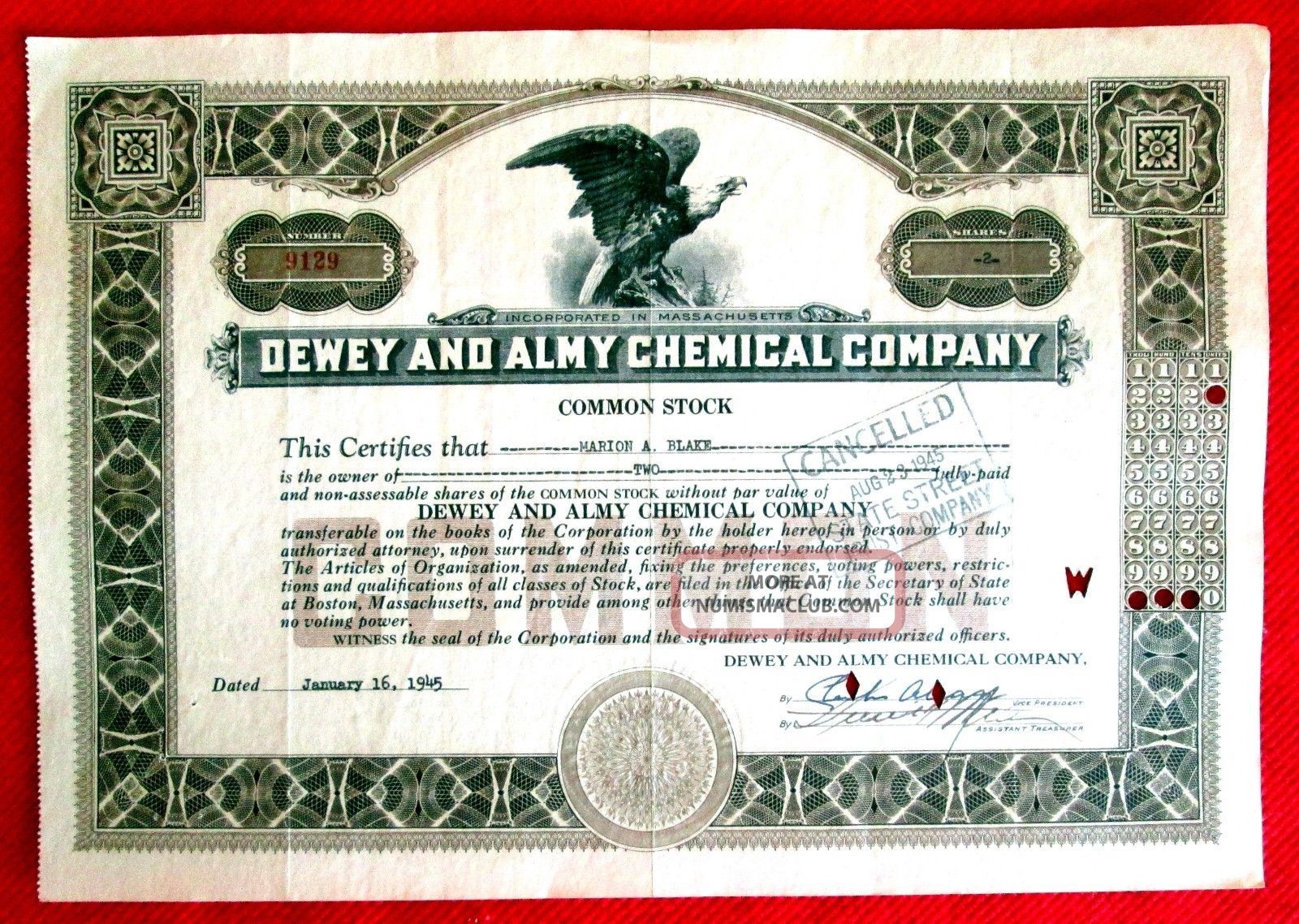 Dewey And Almy Chemical Company Boston Incorporation Stock Certificate 1945 T2u