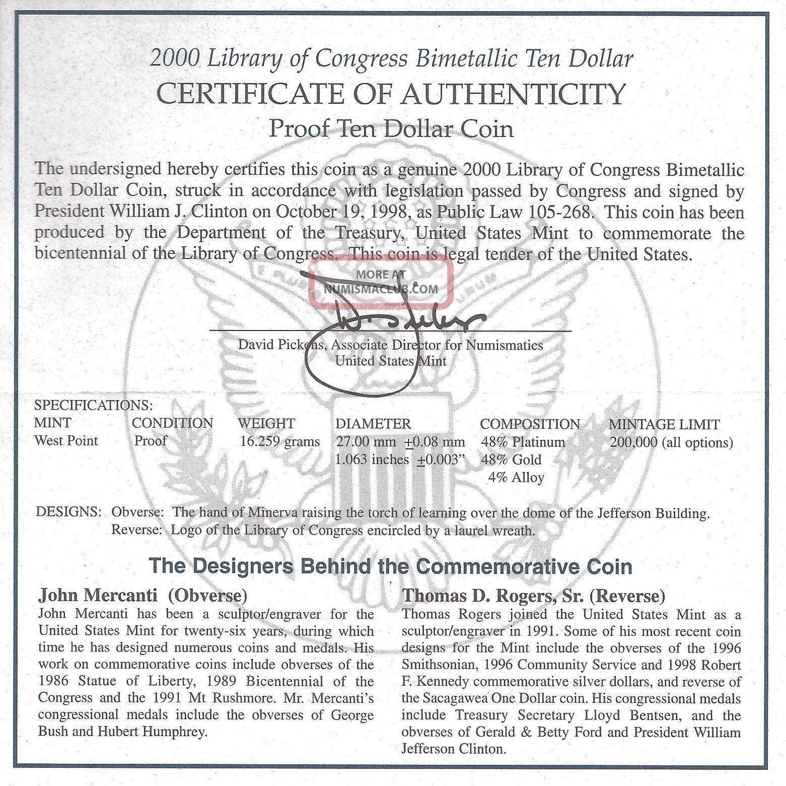 2000 - W Library Of Congress $10 Proof Commemorative Gold & Platinum ...