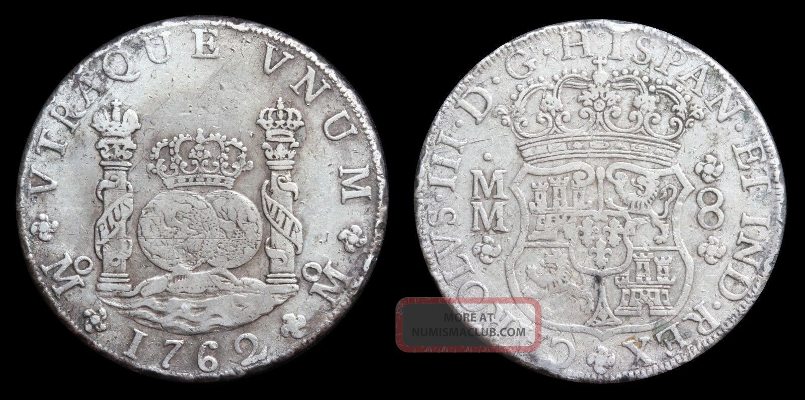 Mexico 8 Reales Pillar Mo 1762 M. M. Carolus Iii.