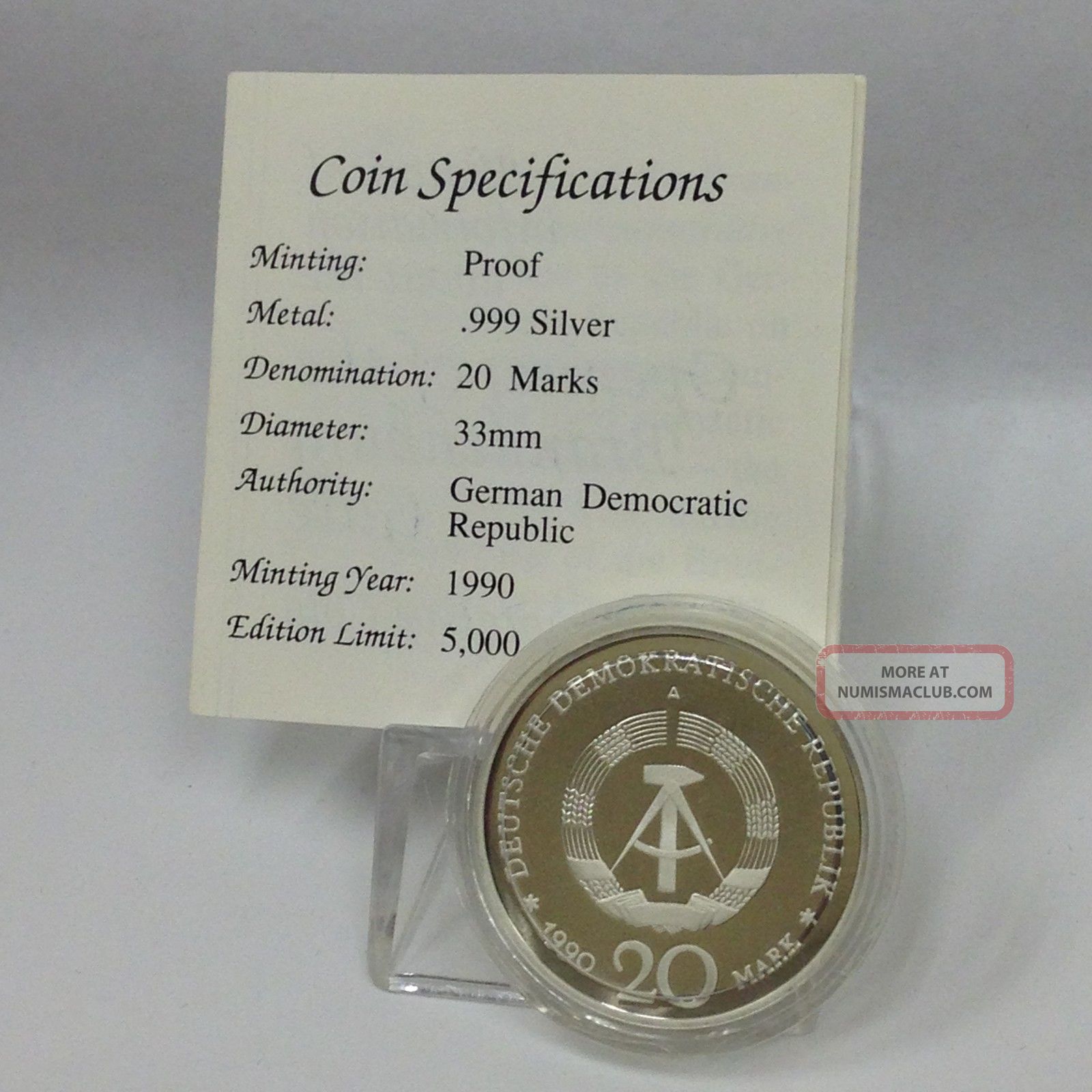 1990 German 20 Marks Proof Coin. 999 Silver Only 5, 000 Minted