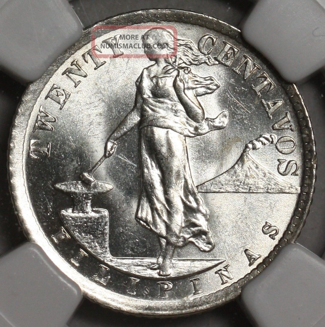 1941 Ngc Ms 64 Choice Bu Philippines Silver 20 Centavos Manila Coin