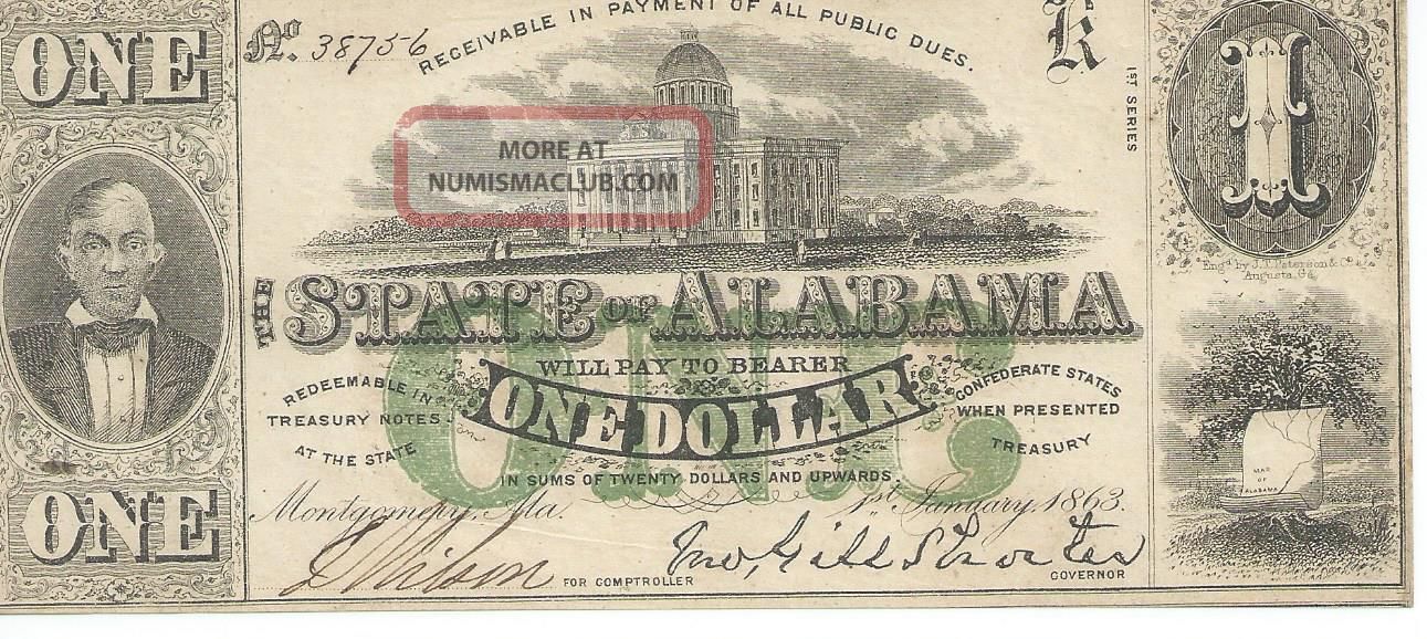 Obsolete Currency Alabama Montgomery $1 Issued 1863 Cu Note 1st Series ...
