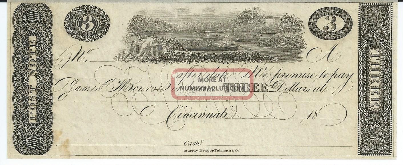 Obsolete Currency Ohio/cincinnati/james Monroe $3 18xx Chau