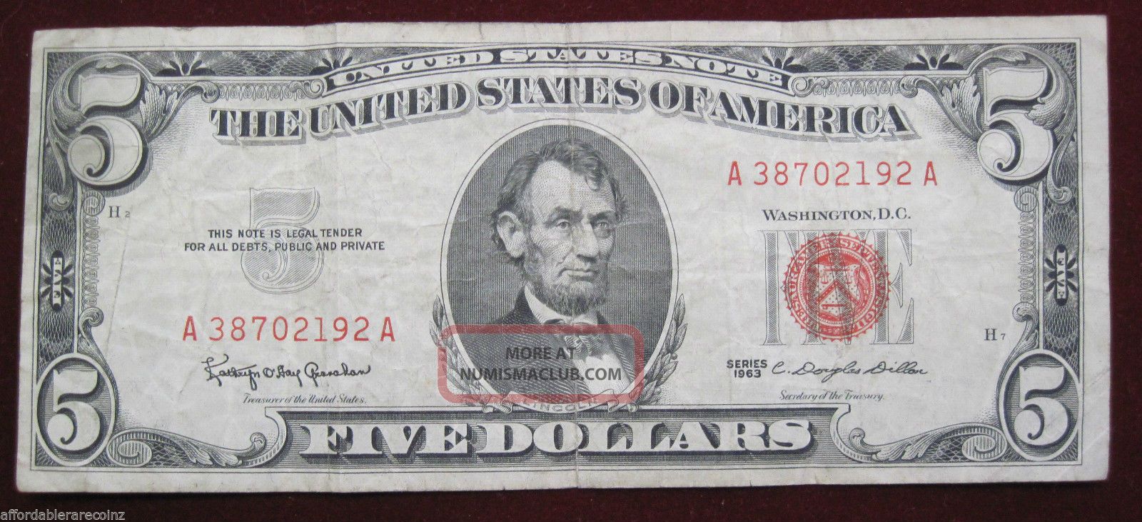 1963 $5 Five Dollar United States Note Paper Money Currency (531d)
