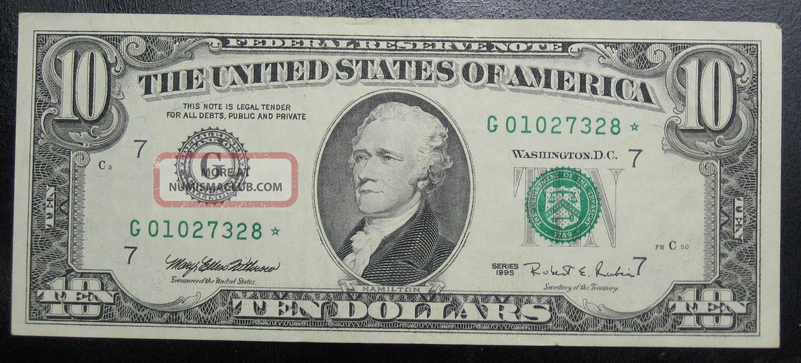 1995 Ten Dollar Federal Reserve Star Note Chicago Au 7328 Pm3 1995-ten-dollar-federal-reserve-star-note-chicago-au-7328-pm3