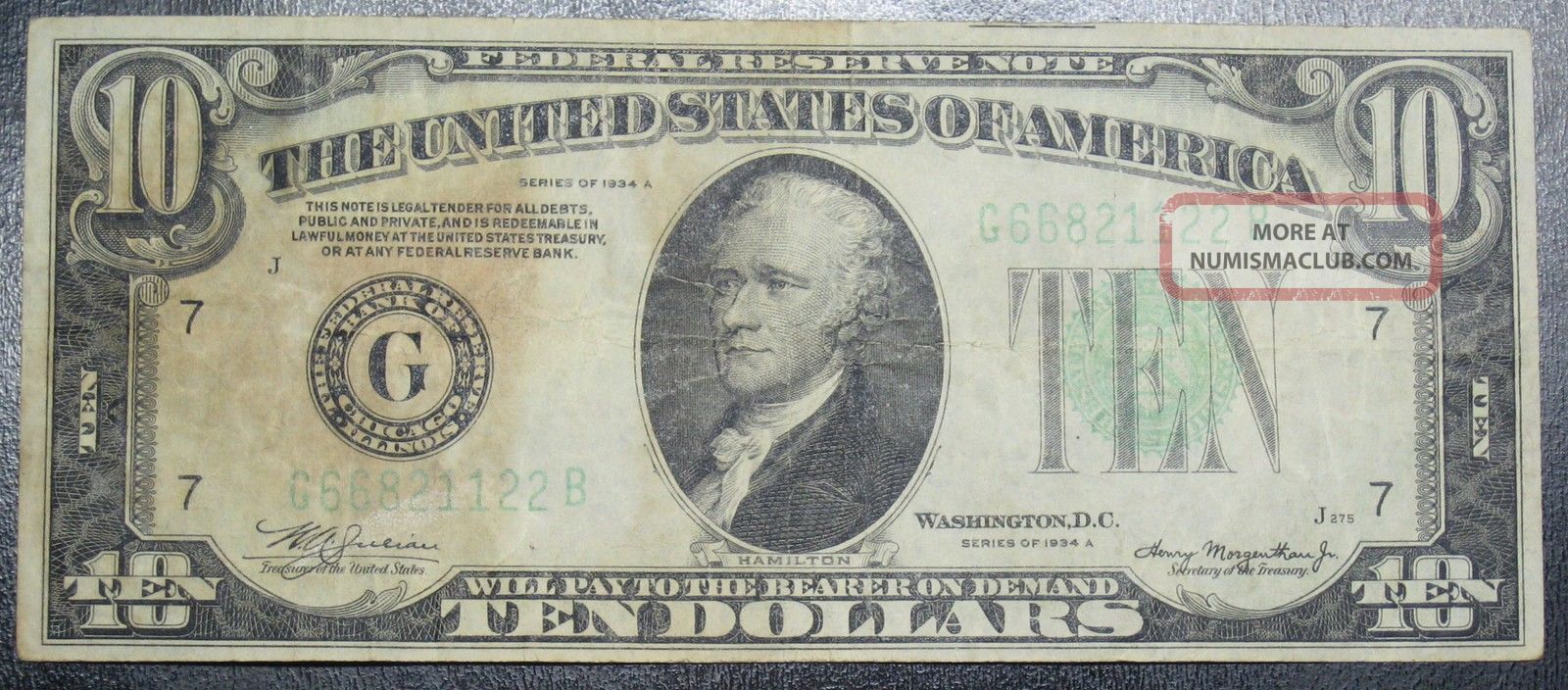 1934 A Ten Dollar Federal Reserve Note Chicago Grade Vg Lt Green Seal ...