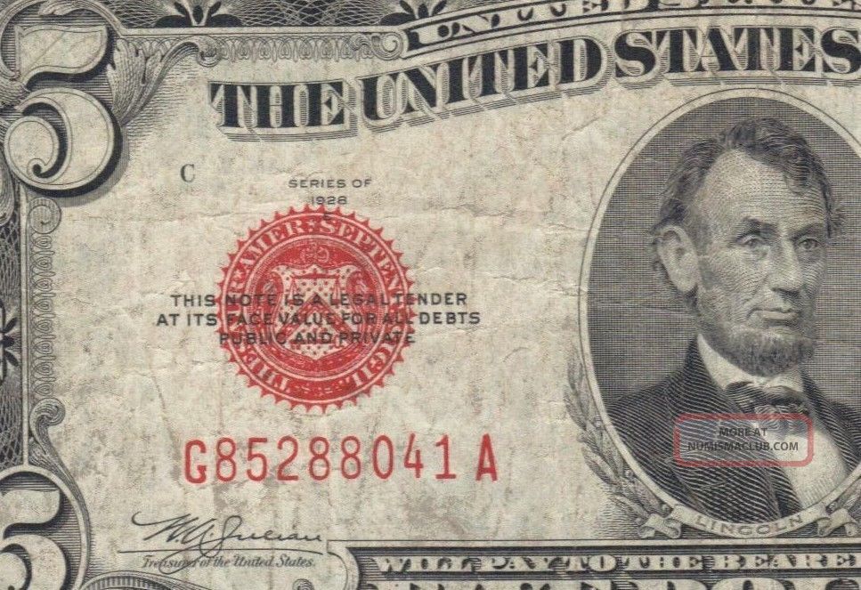Rare 1928e Red Seal $5. 00 United States Note G85288041a Lincoln Five ...