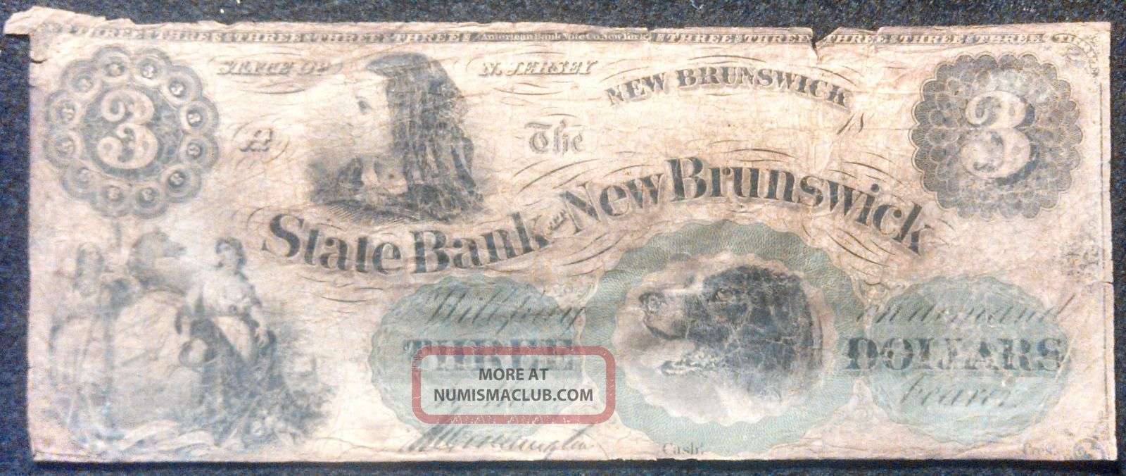 18xx State Bank At Brunswick Three - Dollar Note - Brunswick, Nj