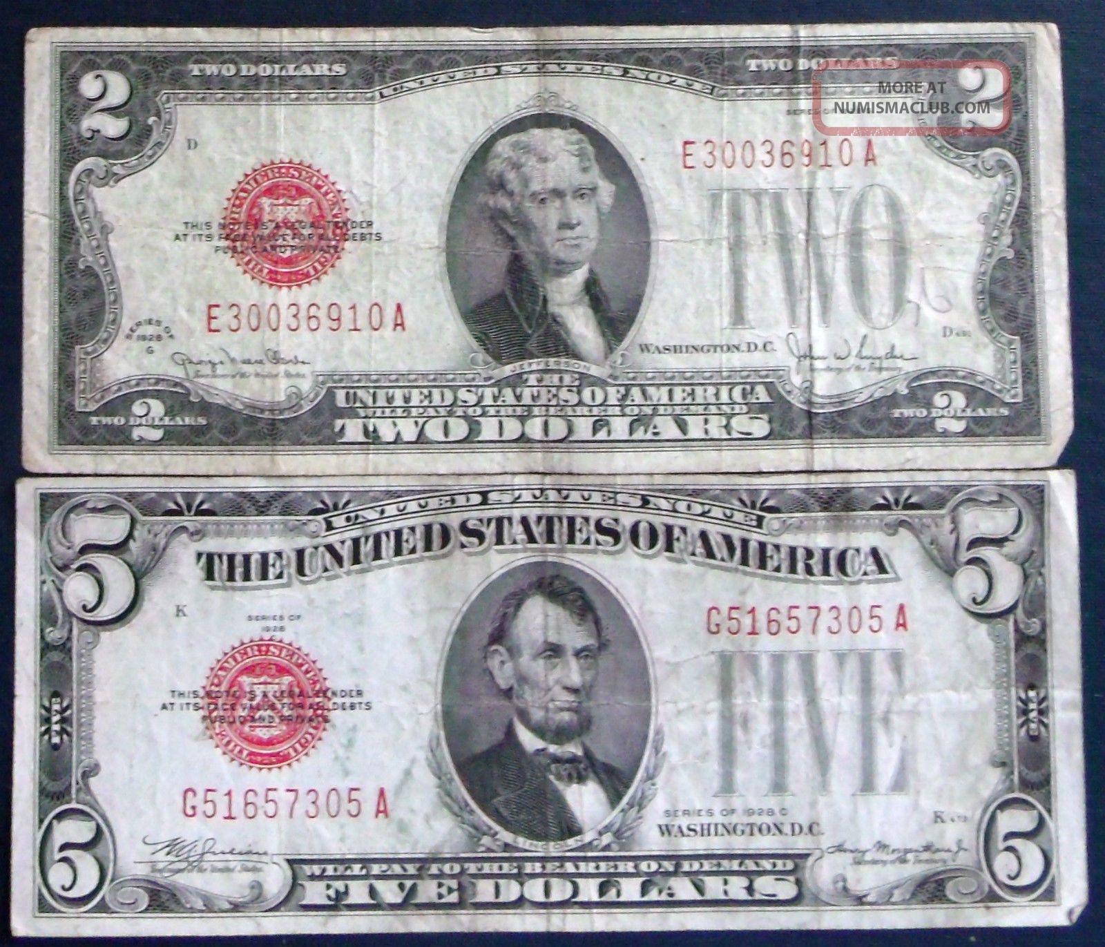 One Red Seal 1928g $2 & One Red Seal 1928c $5 United States Note ...
