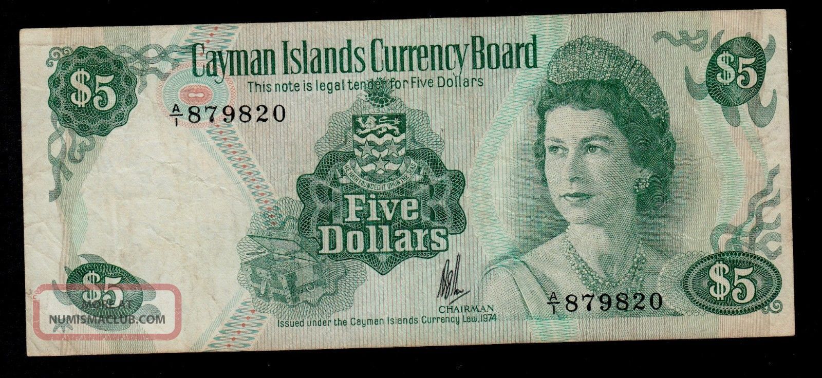 Cayman Islands 5 Dollars L. 1974 A/1 Pick 6a F - Vf.