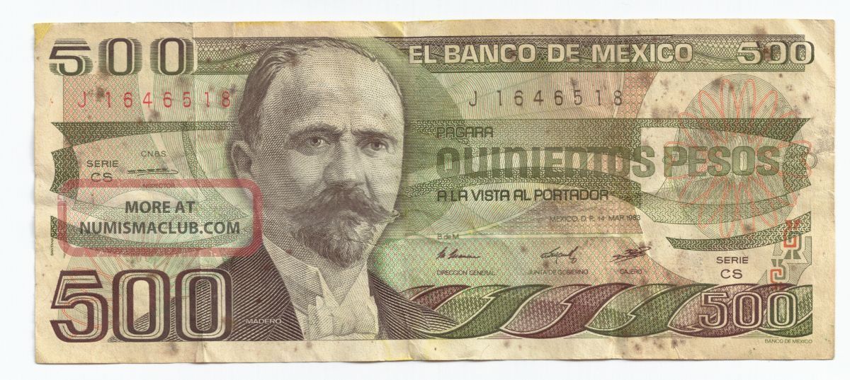 1983 El Banco De Mexico 500 Quinientos Pesos Bank Note D 3 30 1983 El Banco De Mexico 500 Quinientos Pesos Bank Note D 3 30