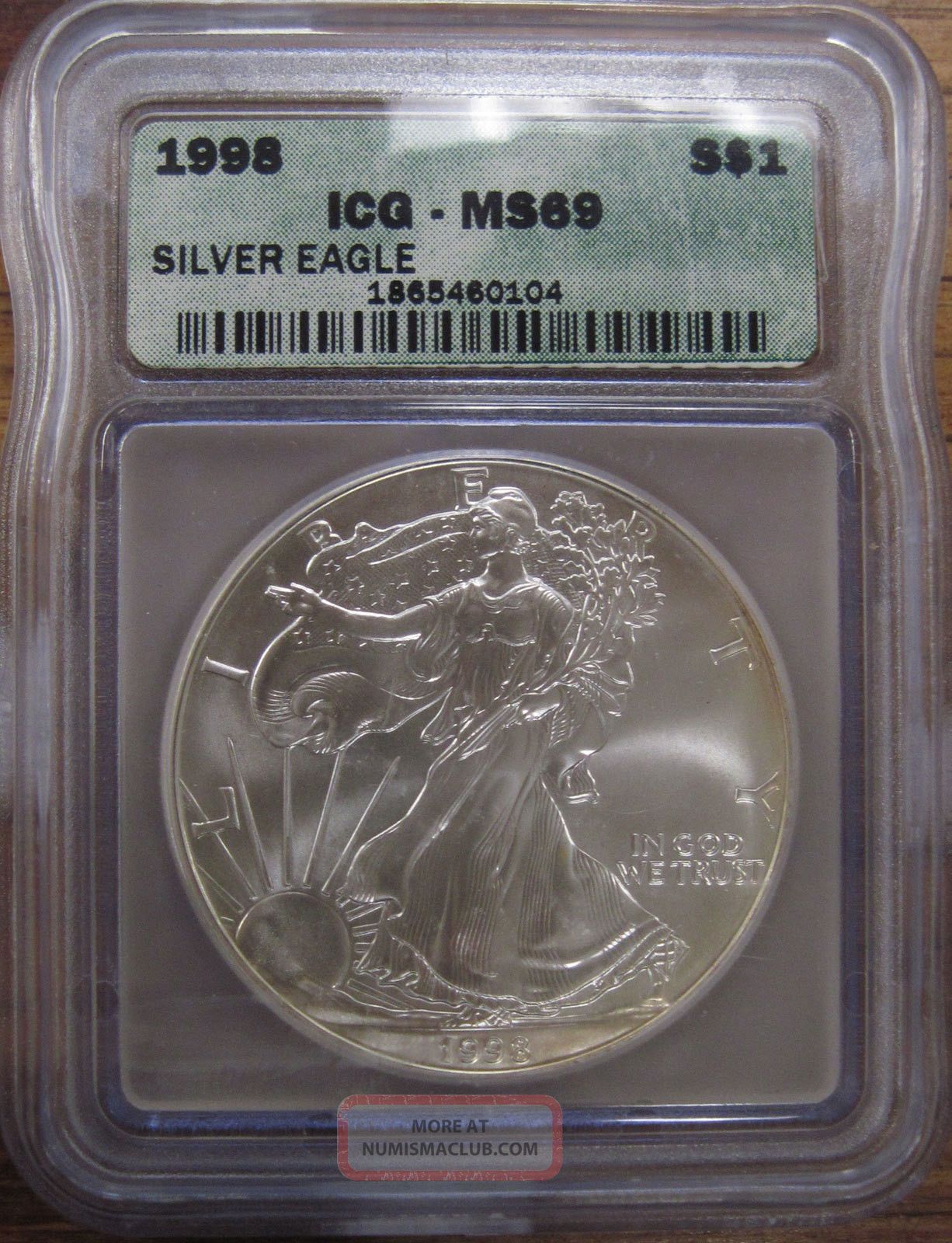 1998 - P U. S. Silver American Eagle Icg Graded Ms69 1 Oz Silver Coin Nr