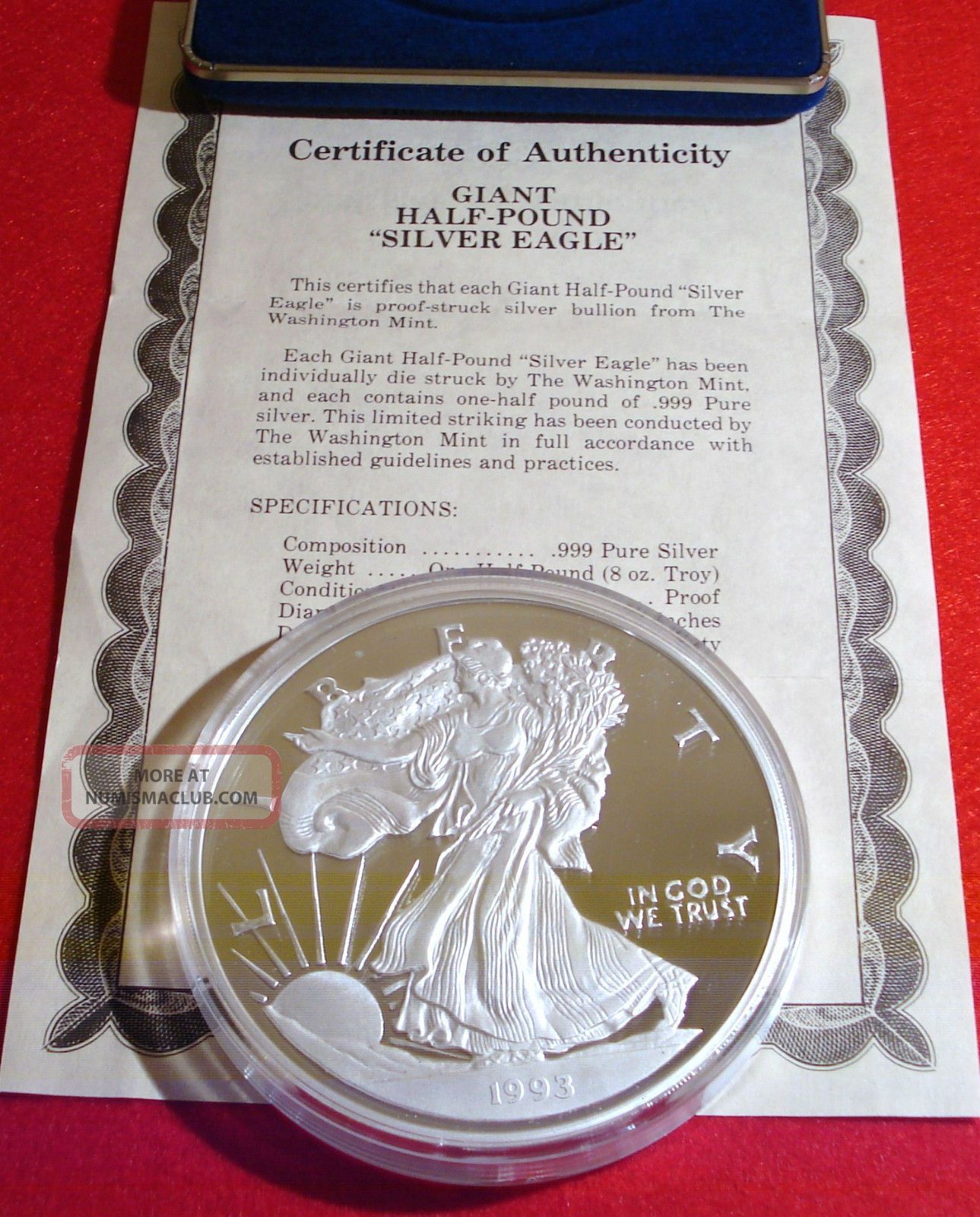 1993 Silver Eagle Giant Half - Pound Coin. 999 8 Troy Oz