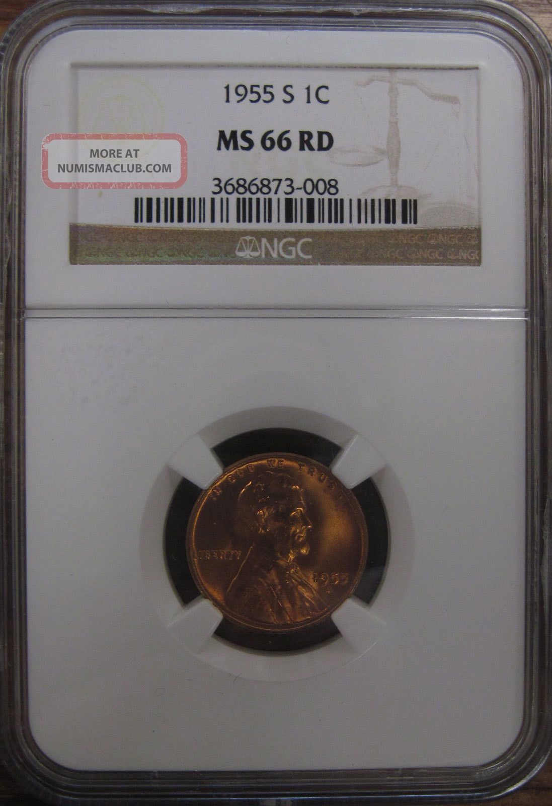 1955 - S U. S. Lincoln Cent Wheat Penny Ngc Graded Ms66 Red Red Gem Coin