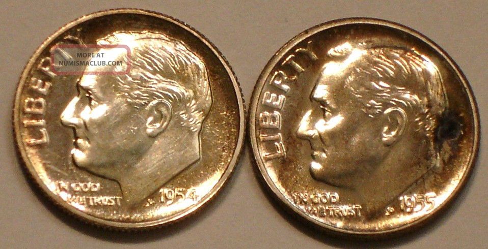 1954 & 1955 Roosevelt Dimes; Gem Proof Subtle Rainbow Tone; Light Cameo