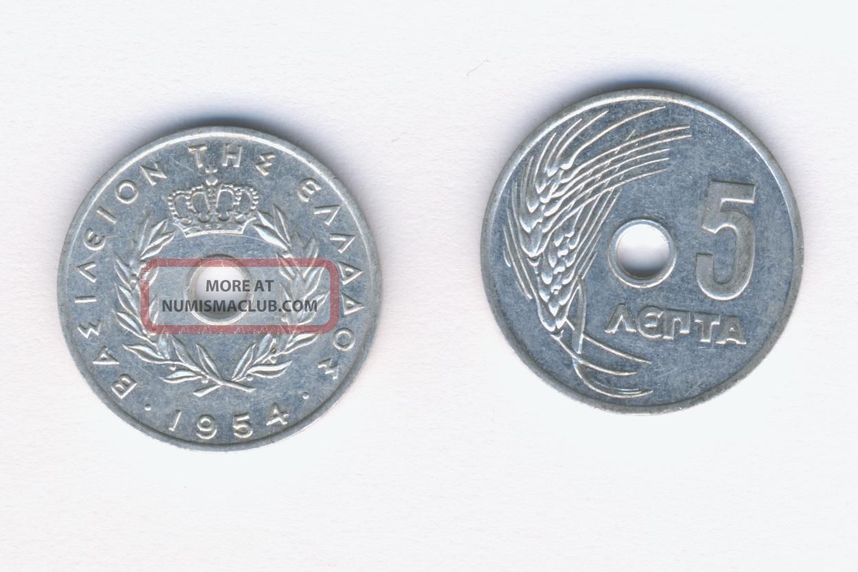 Greece 5 Lepta 1954 Vf - Xf, Wheat - Crown Km 77, Prague Greek Coin {offer}