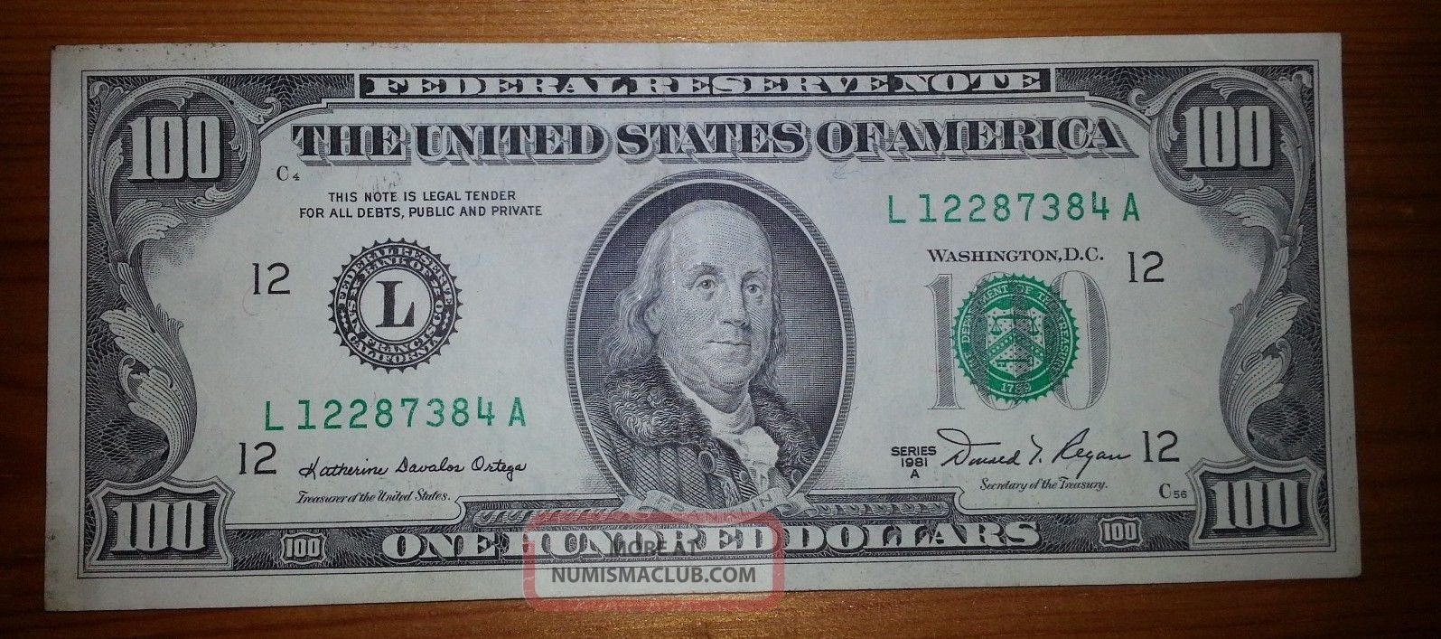 1981a $100 One Hundred Dollar Bill Federal Reserve Note L12287384a - Shape