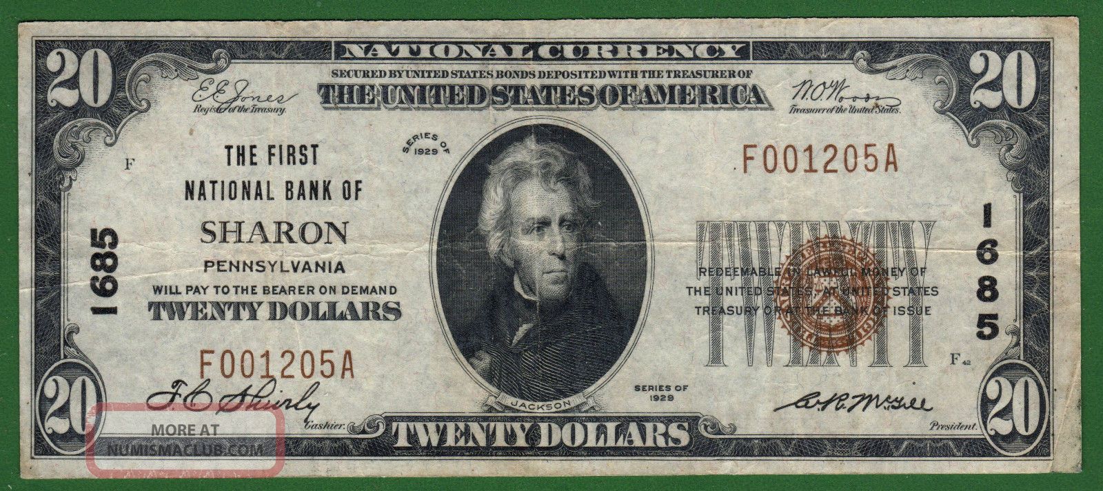 {sharon} $20 The First National Bank Of Sharon Pa Ch 1685 Xf+