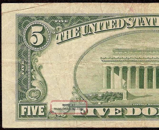 1953 B 5 Dollar Bill Red Star Currency United States Legal Tender Note