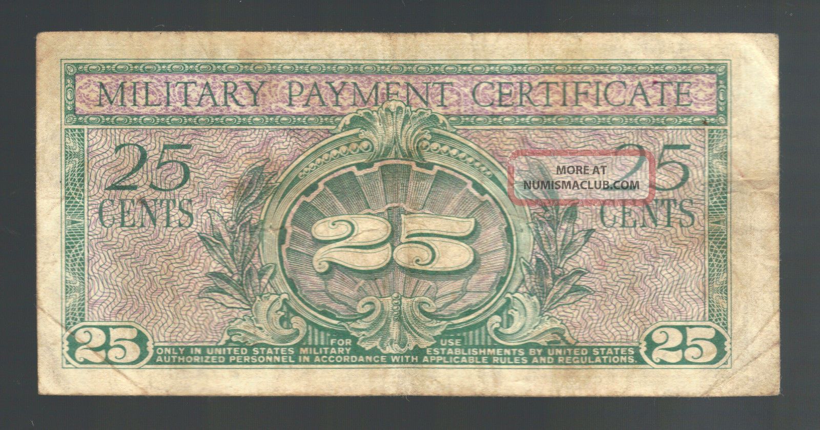 25¢ Us Military Payment Certificate Korean War Mpc 591 M45 Cypress ...