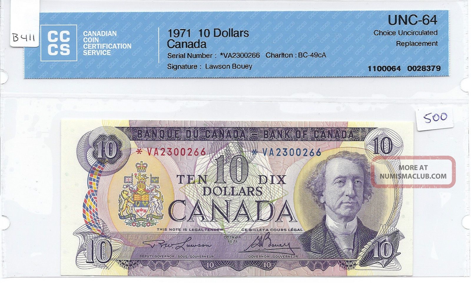 1971 Canada $10 Replacement Note Cccs Graded Unc - 64 Law - Bou Va, Bc ...