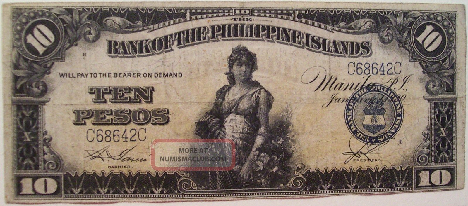 Philippines 1920 Bank Of The Philippines Islands - Ten Peso Note - Pick 14 Philippines 1920 Bank Of The Philippines Islands - Ten Peso Note - Pick 14
