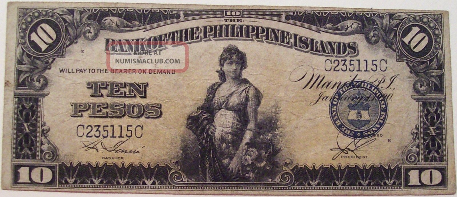 Philippines 1920 Bank Of The Philippines Islands - Ten Peso Note - Pick 14 Philippines 1920 Bank Of The Philippines Islands - Ten Peso Note - Pick 14