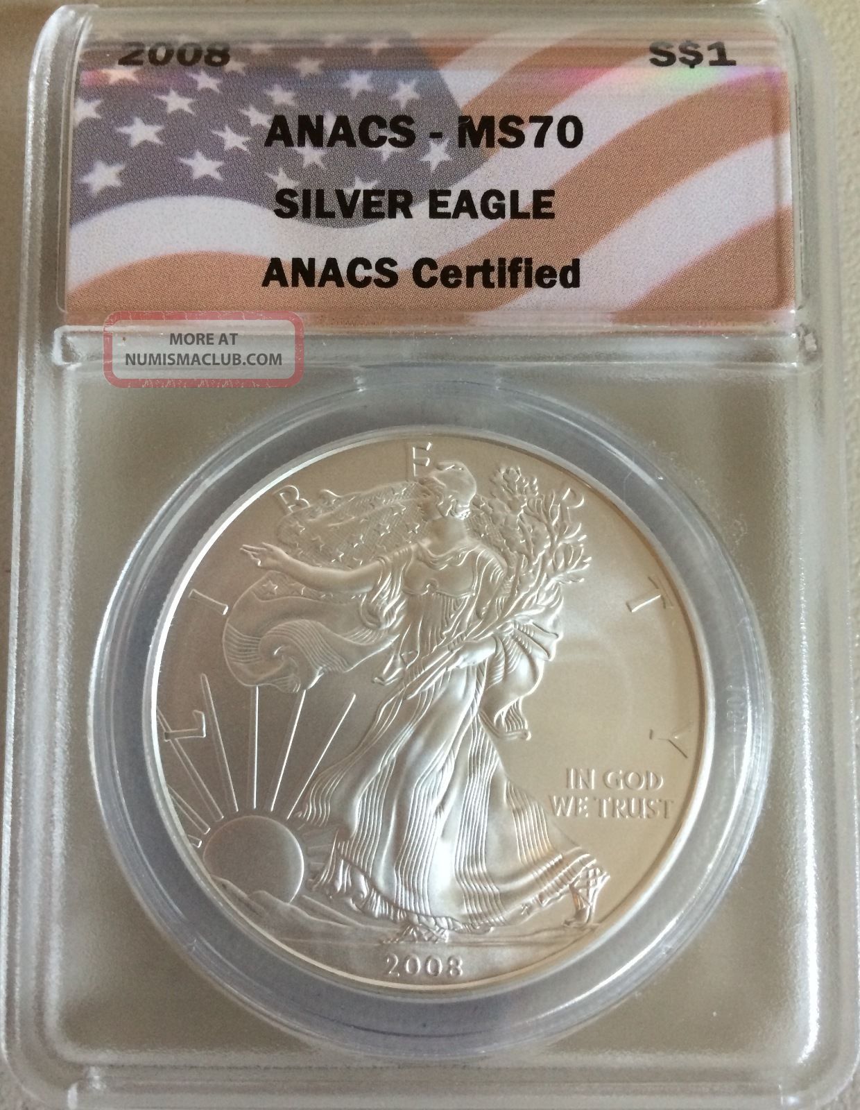 2008 American Silver Eagle Coin. 999 1 Oz Anacs Ms70