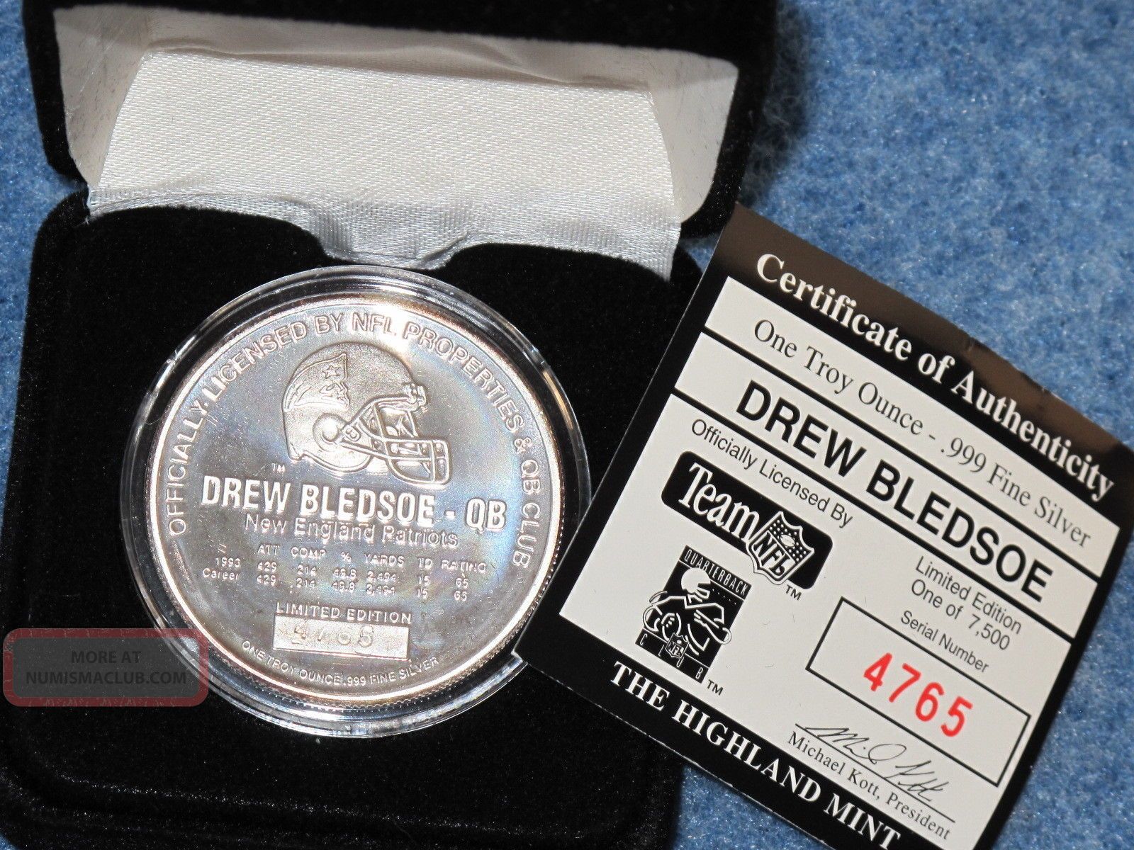 Drew Bledsoe 1 Troy Ounce. 999 Fine Silver Sport Round Highland B7773