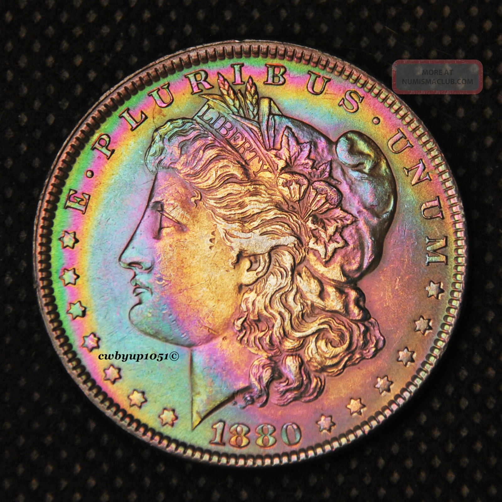 1880 P Morgan Silver Dollar Rainbow Toned Cartwheel Luster Xf+