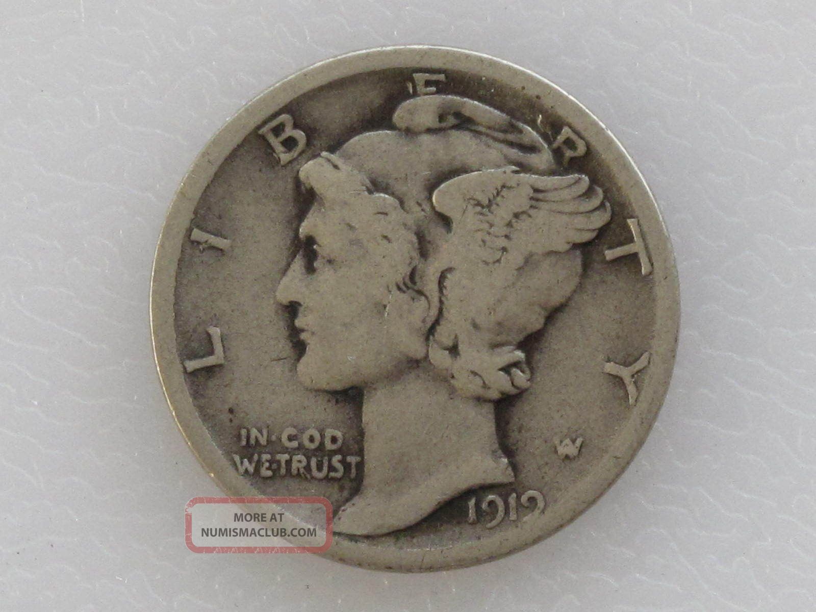 1919 - D Mercury Dime 90% Silver U. S. Coin D7035