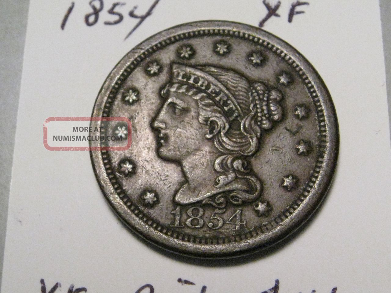 1854 Braided Hair Us Large Cent. Grades At Xf. Dark.