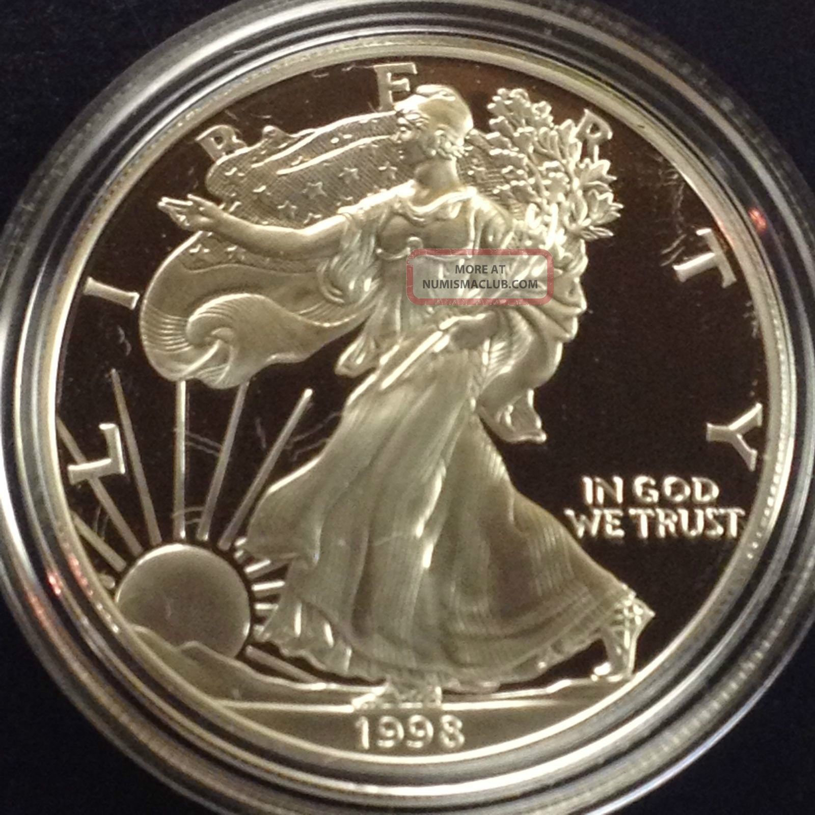 1998 Proof American Silver Eagle Dollar Bullion Coin W/ Case, Box