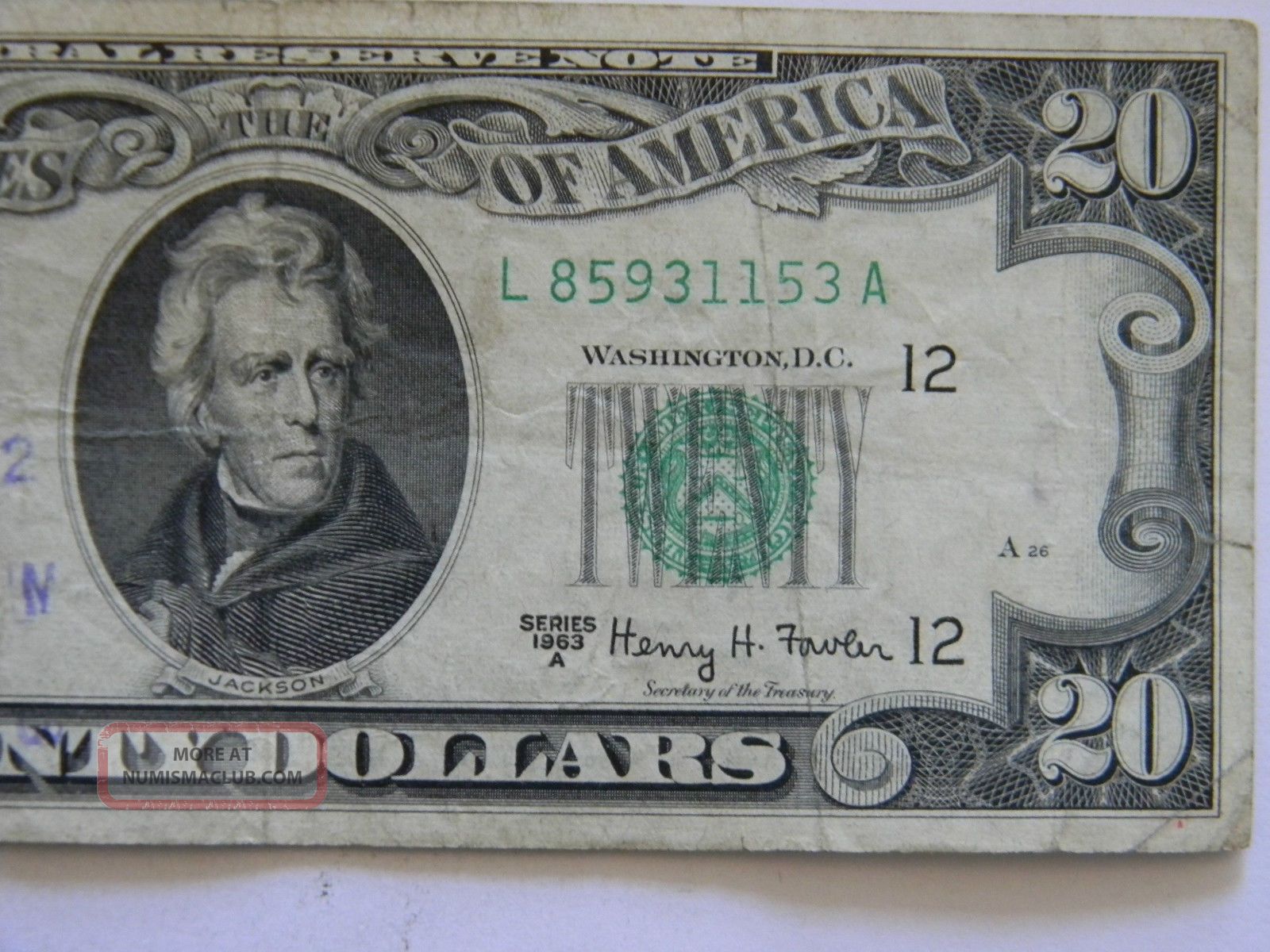 1963a Twenty Dollar $20. 00 Federal Reserve L Series Note